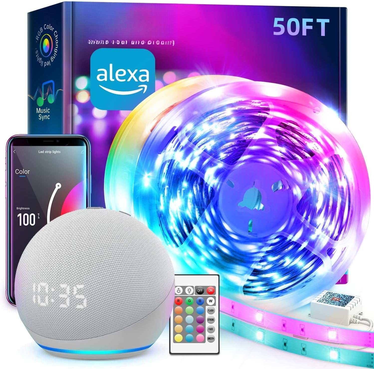 Light Strips,50 ft WiFi Light,Sound Activated Color Changing with Alexa ...