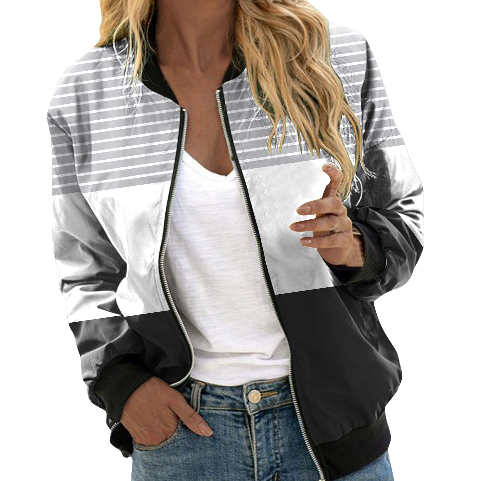 Womens Lightweight Quilted Jacket Zip up Long Sleeve Stand Collar ...