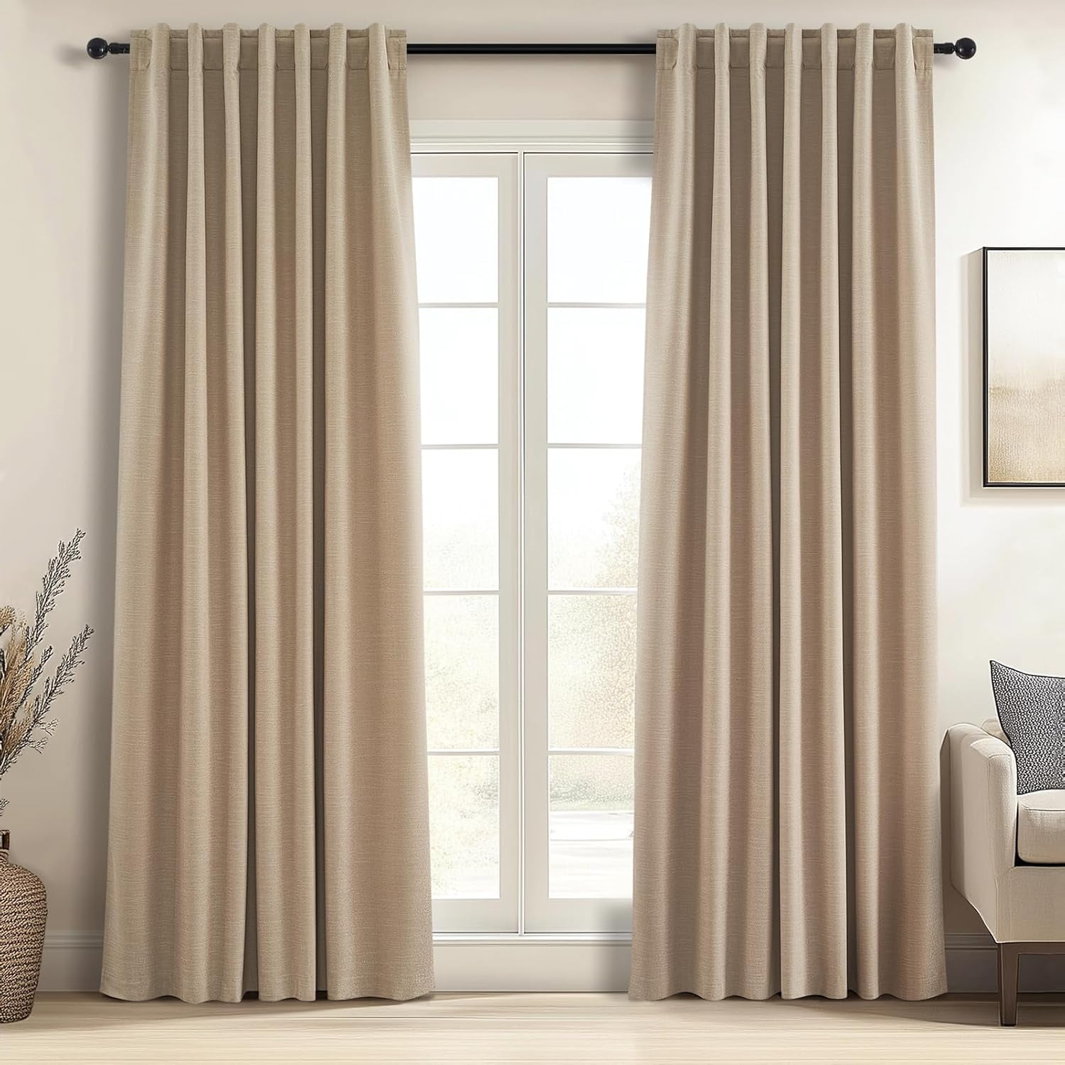 Light Taupe Blackout Textured 90 Inch Long Linen Blend Curtain ...