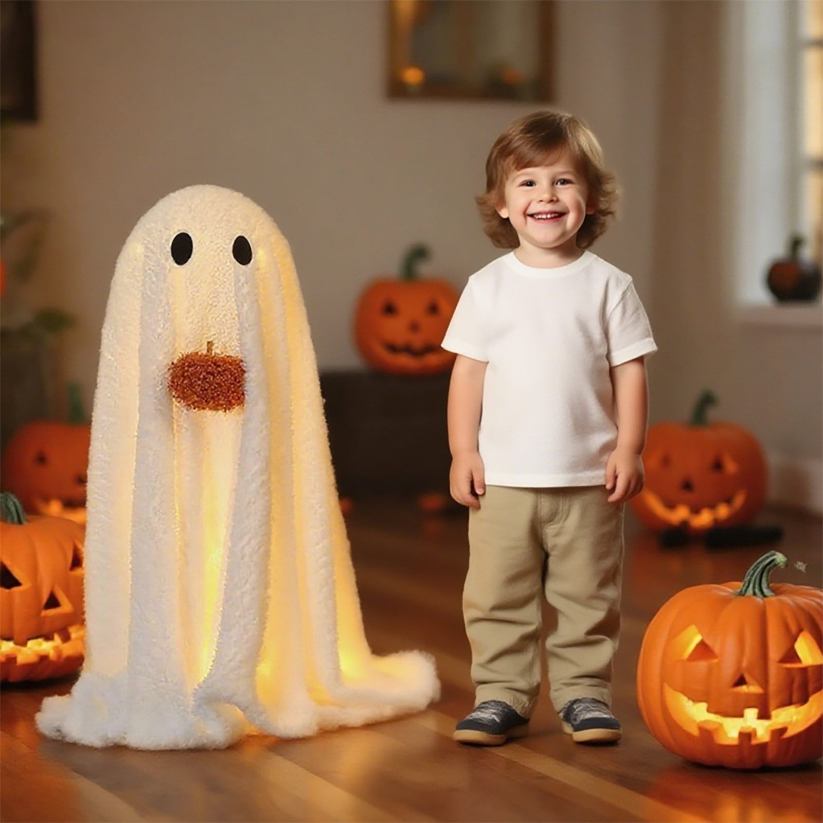 Light-Up Sherpa Ghosts With Pumpkin,Cute Halloween Ghost Decoration ...