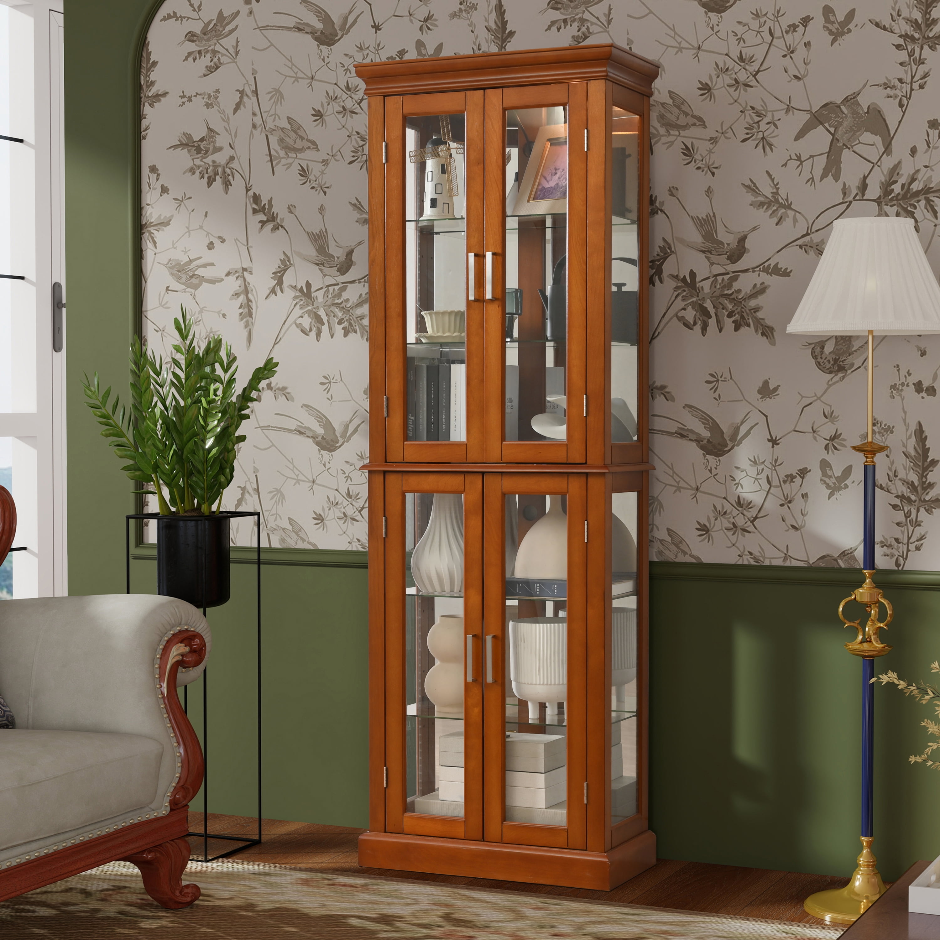Light Walnut Color Curio Cabinet 6 Tier Lighted Curio Display Cabinet ...