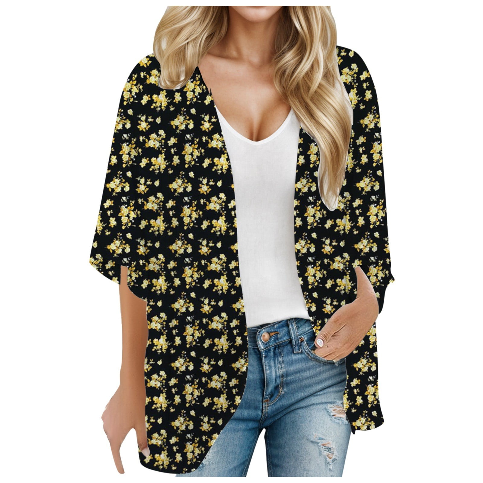 Light Weight Cardigan Women Floral Printed Puff Sleeve Chiffon Kimono ...
