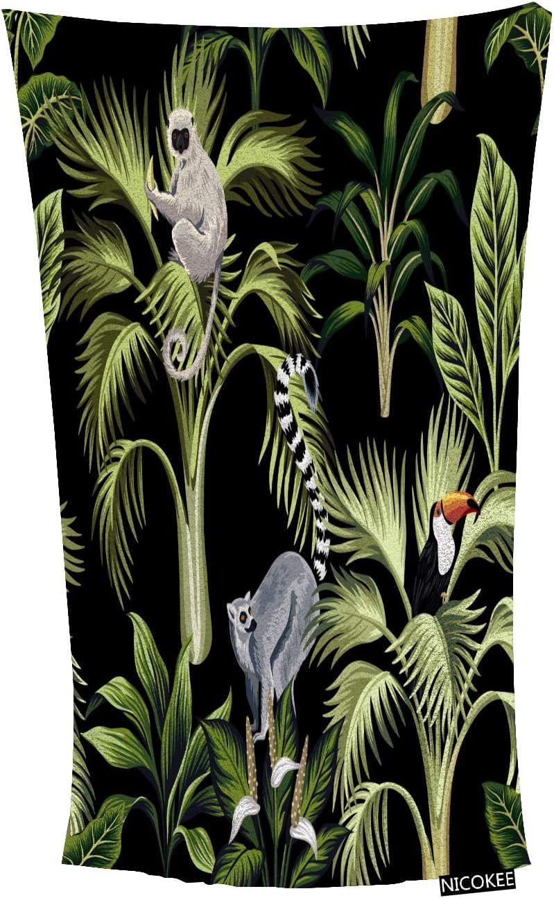 Light Weight Tropical Animals Bath Towel Plam Tress Plants Lemur Sloth ...