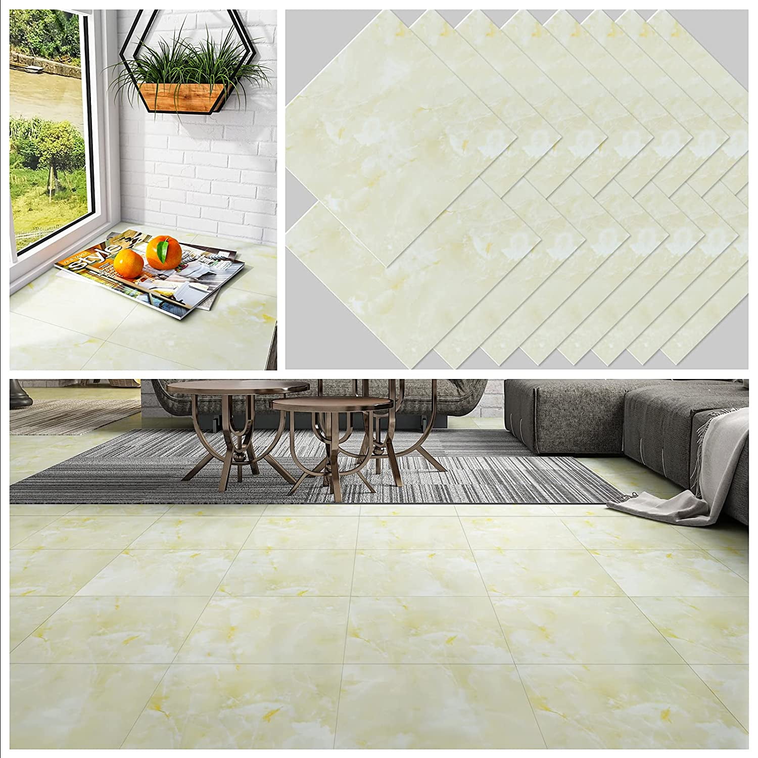 Self-Adhesive Light Yellow Marble Floor Tile, 12" x 12" Waterproof ...