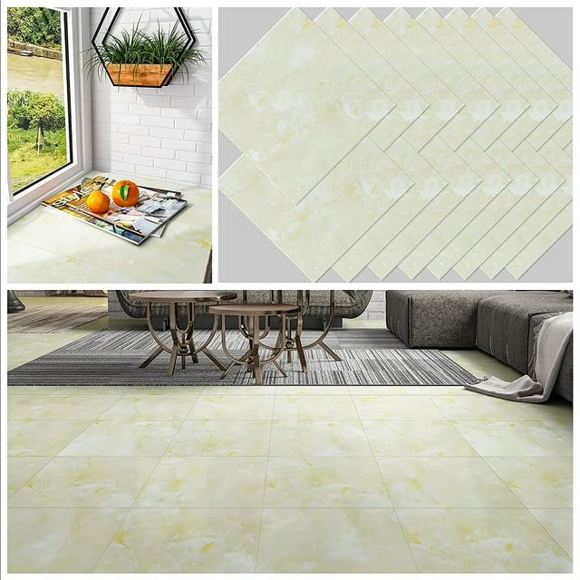 Self-Adhesive Light Yellow Marble Floor Tile, 12" x 12" Waterproof ...
