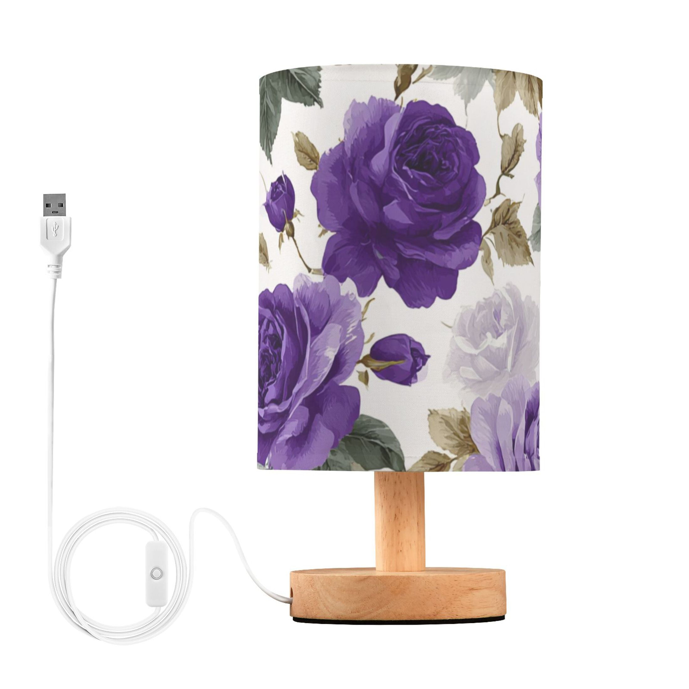 Light and Dark Purple Roses Green Leaves Table Lamp with USB Port LED ...