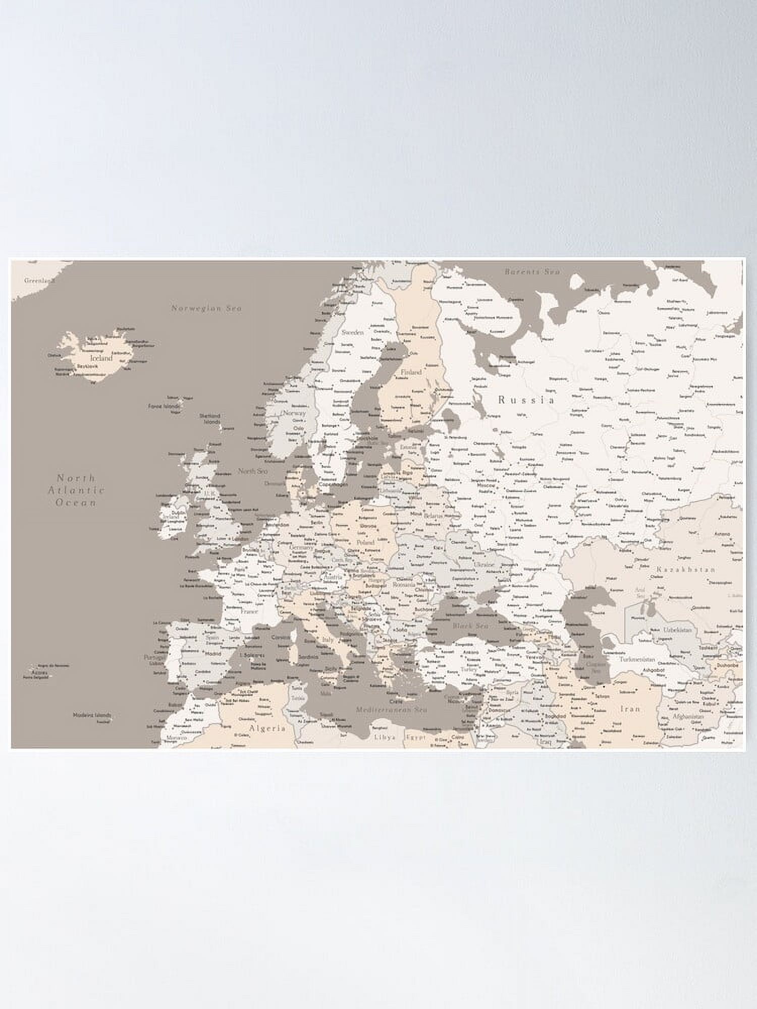 Light brown map of Europe with cities Poster - Walmart.com