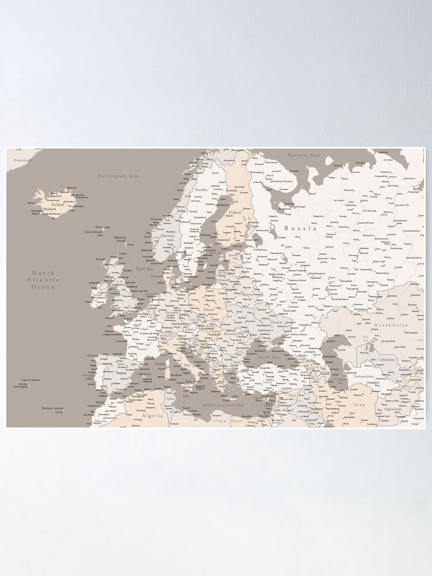 Light brown map of Europe with cities Poster - Walmart.com