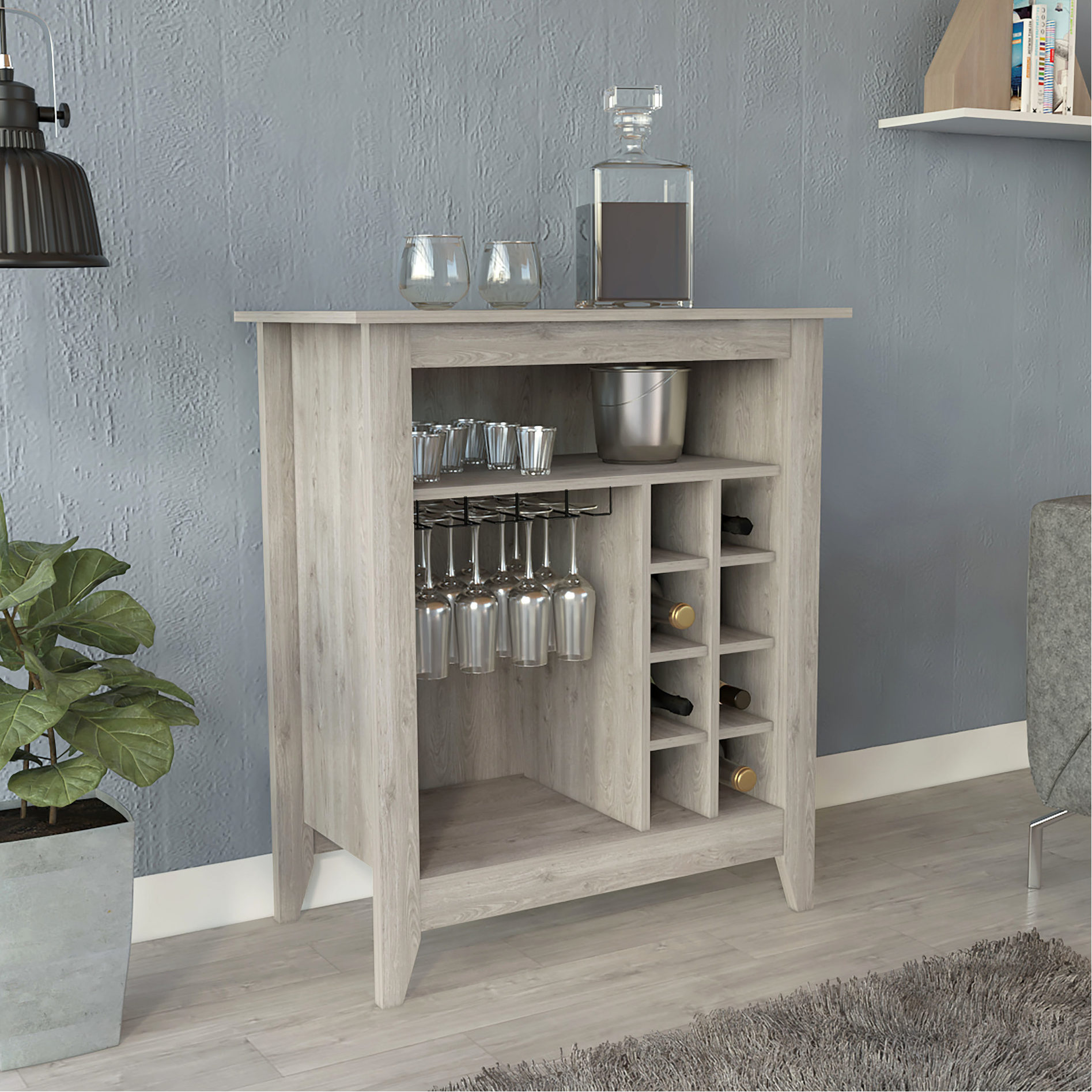 Light gray bar cabinet featuring one open shelf six wine racks and a ...
