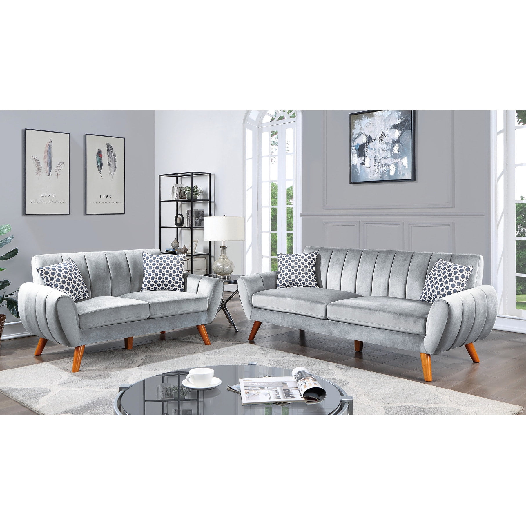Light gray velvet sofa set with tufted vertical lines / Provides a ...