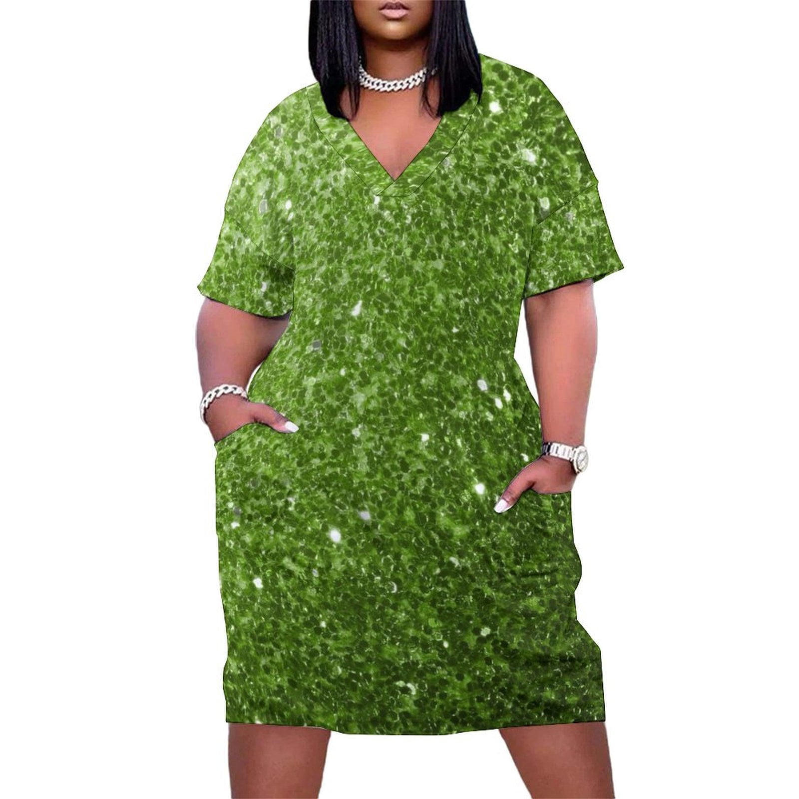 Light green greenery faux glitter sparkles Loose Pocket Dress evening ...