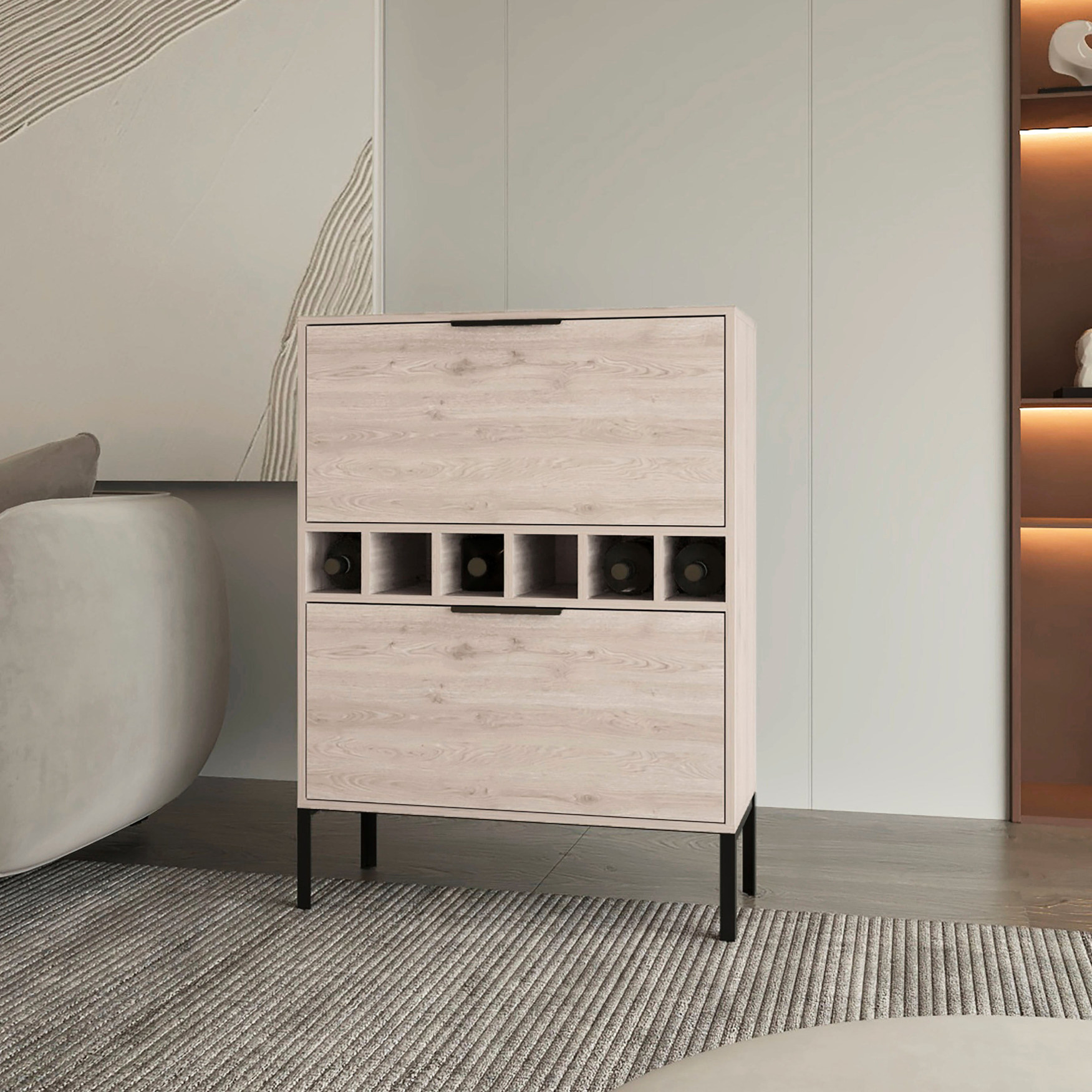 Light grey bar cabinet with two - door design and 6 - bottle storage ...