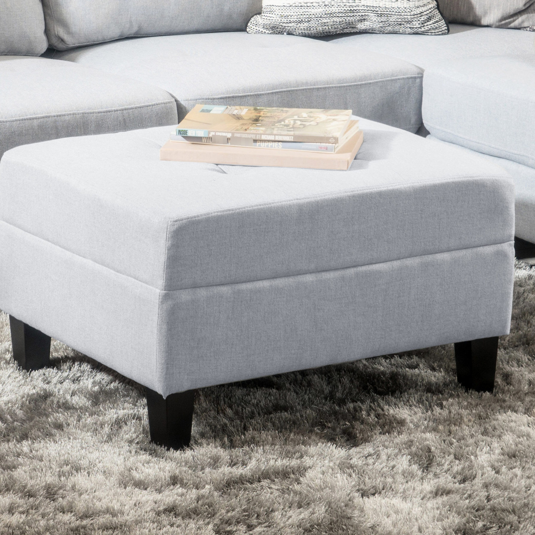 Light grey color scheme - Prop feet and serve as seat - Living room ...