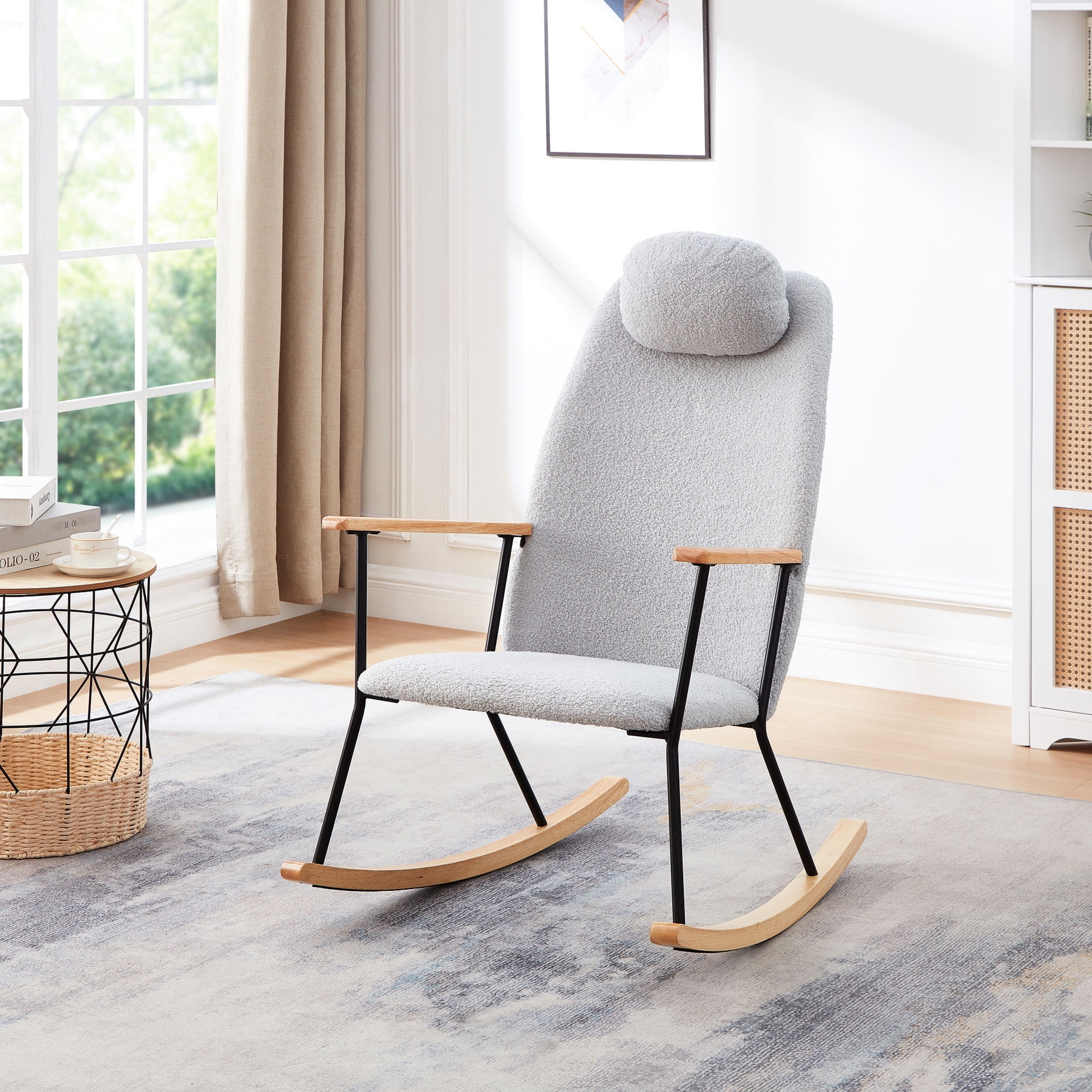 Light grey modern rocking chair featuring adjustable headrest and soft ...