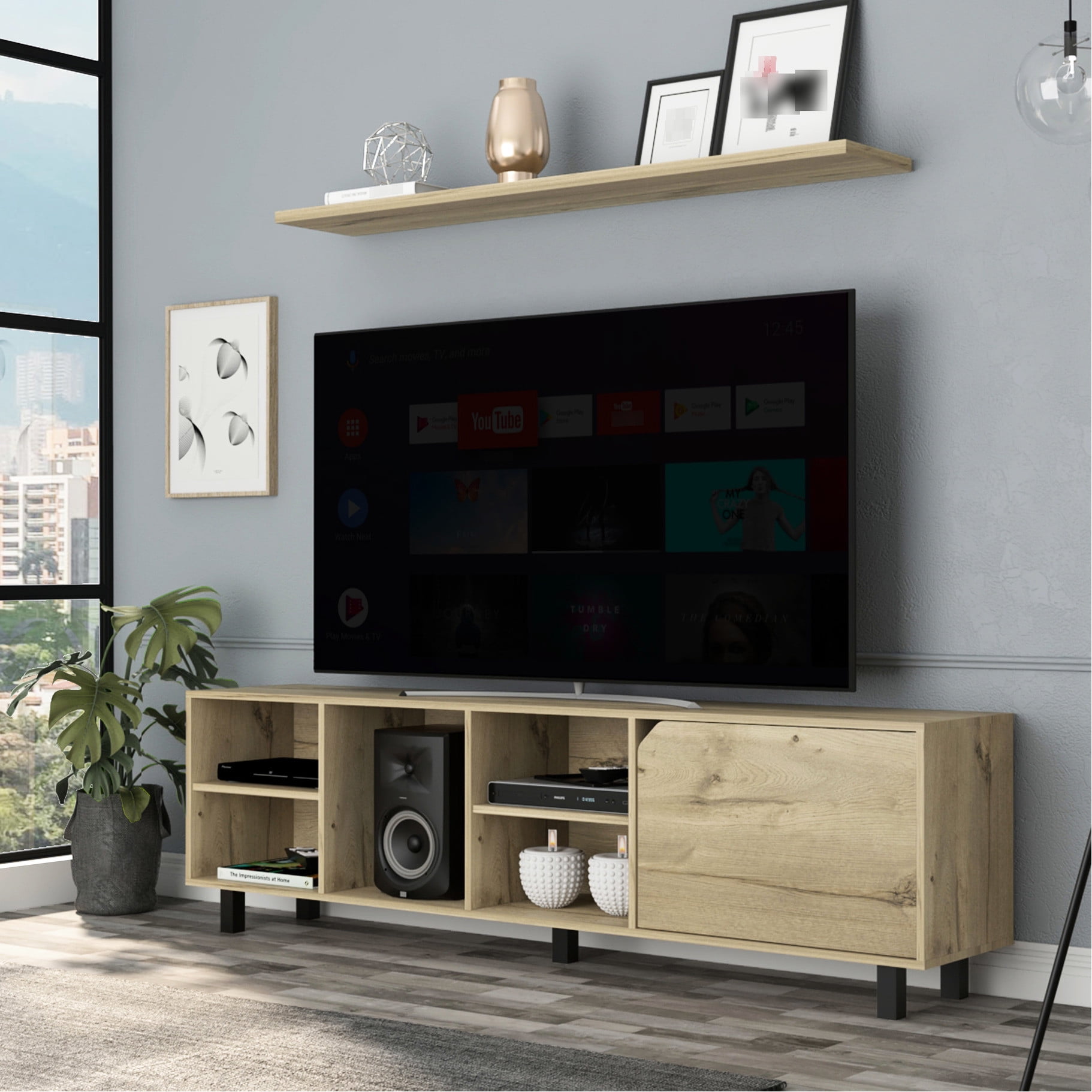 Light oak TV stand with concealed storage cabinet and open shelves for ...