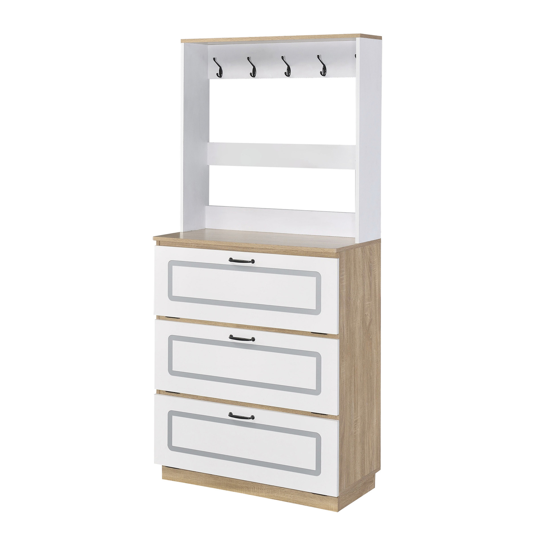 Light oak shoe cabinet with 3 drop - down drawers and 10 metal hooks ...