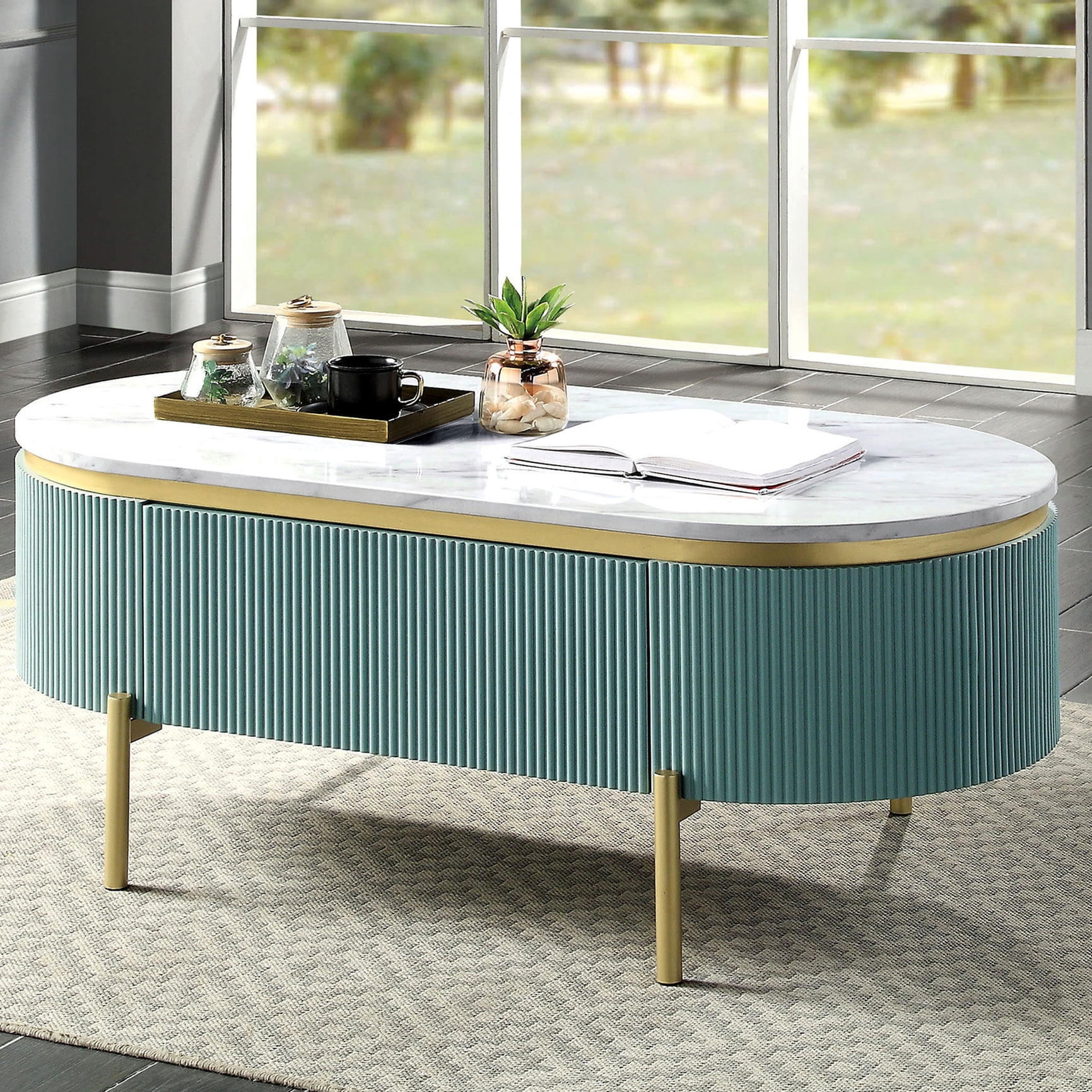 Light teal coffee table with concealed drawer and white faux marble for ...