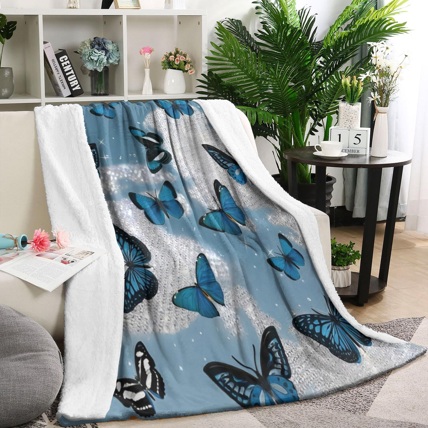 Lightblue Butterfly Sparkle Pattern Blanket,Comfortable Soft Lamb Wool ...