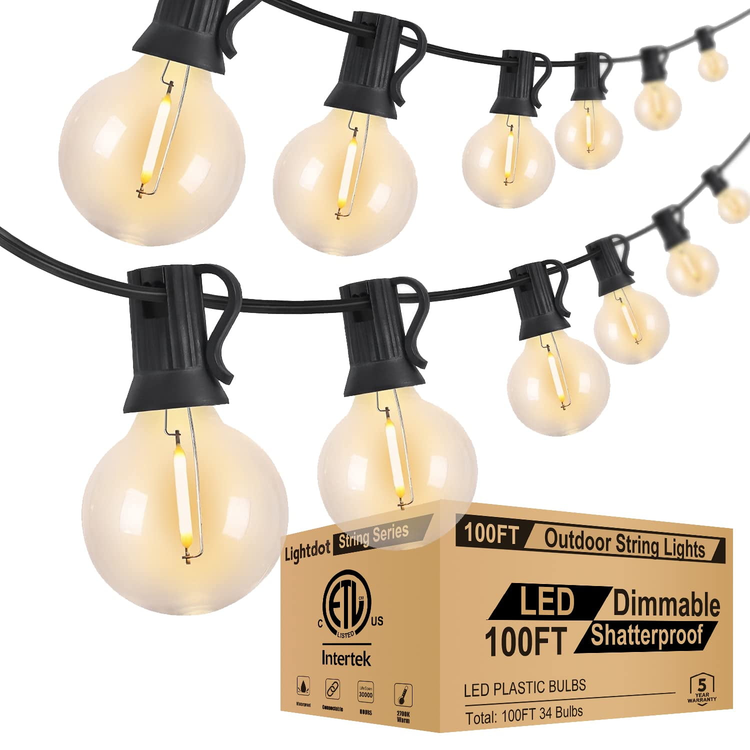 Lightdot 100ft Globe Outdoor Lights String, Dimmable LED Patio String ...