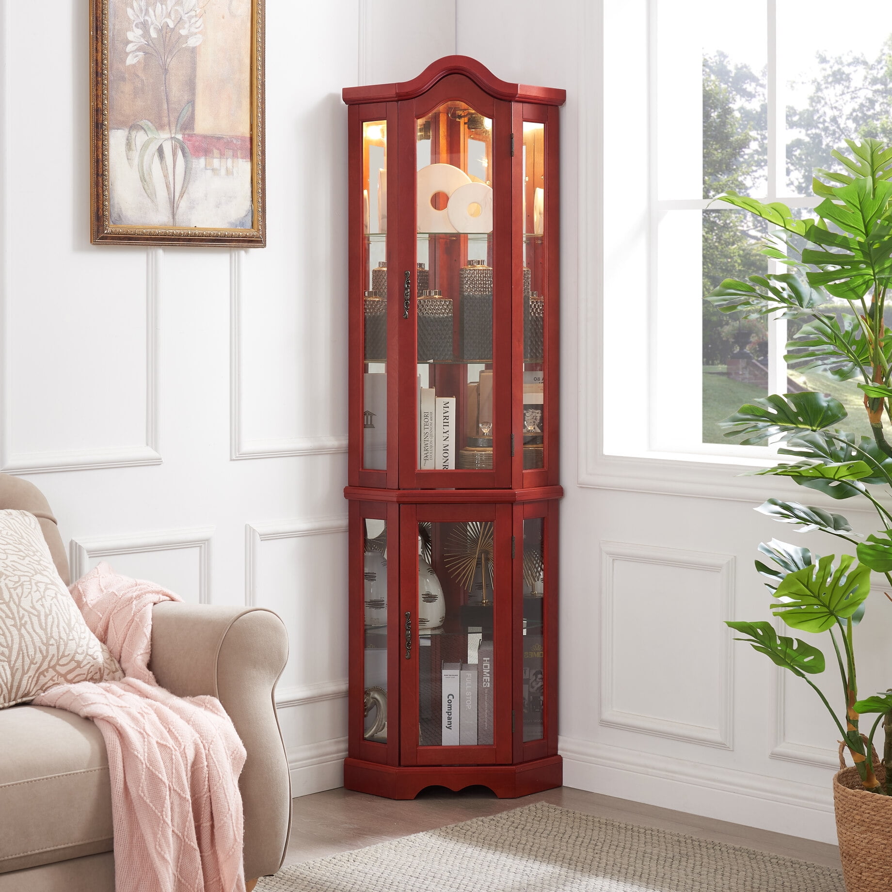 Lighted 3-Side Glass Display Curio Cabinet w/Tempered Glass Doors and ...