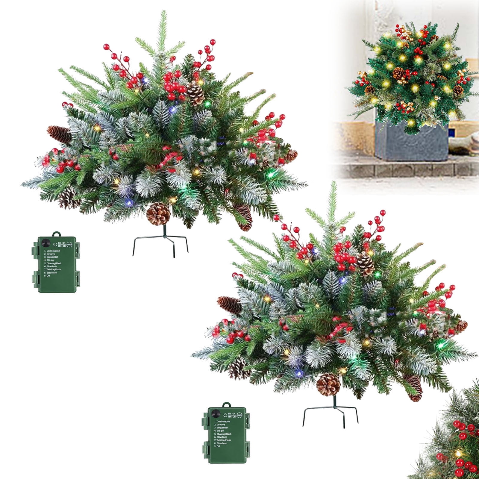 Lighted Artificial Christmas Urn Filler, Pre-lit Xmas Pine Trees with ...