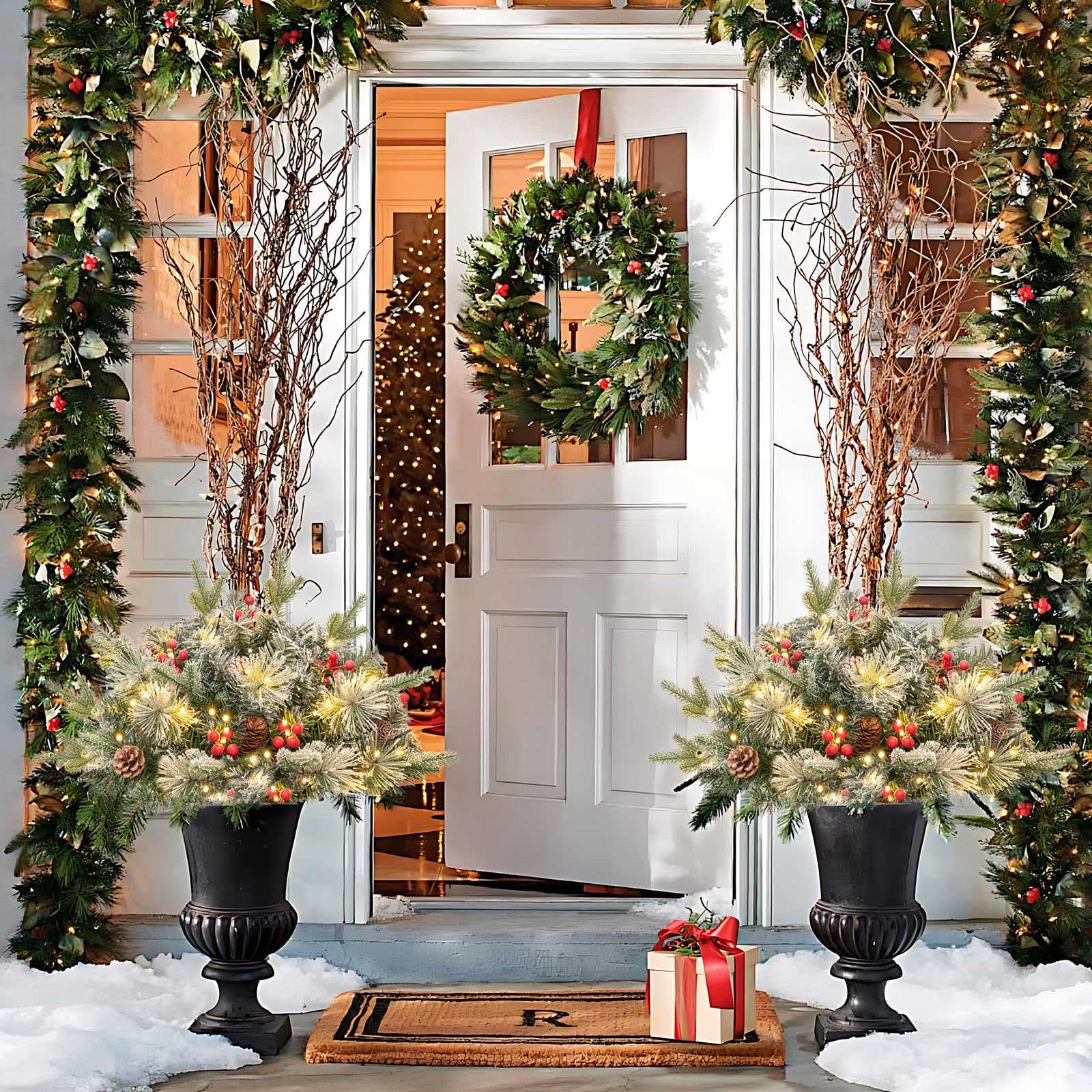 Lighted Artificial Christmas Urn Filler, Pre-lit Xmas Pine Trees with ...