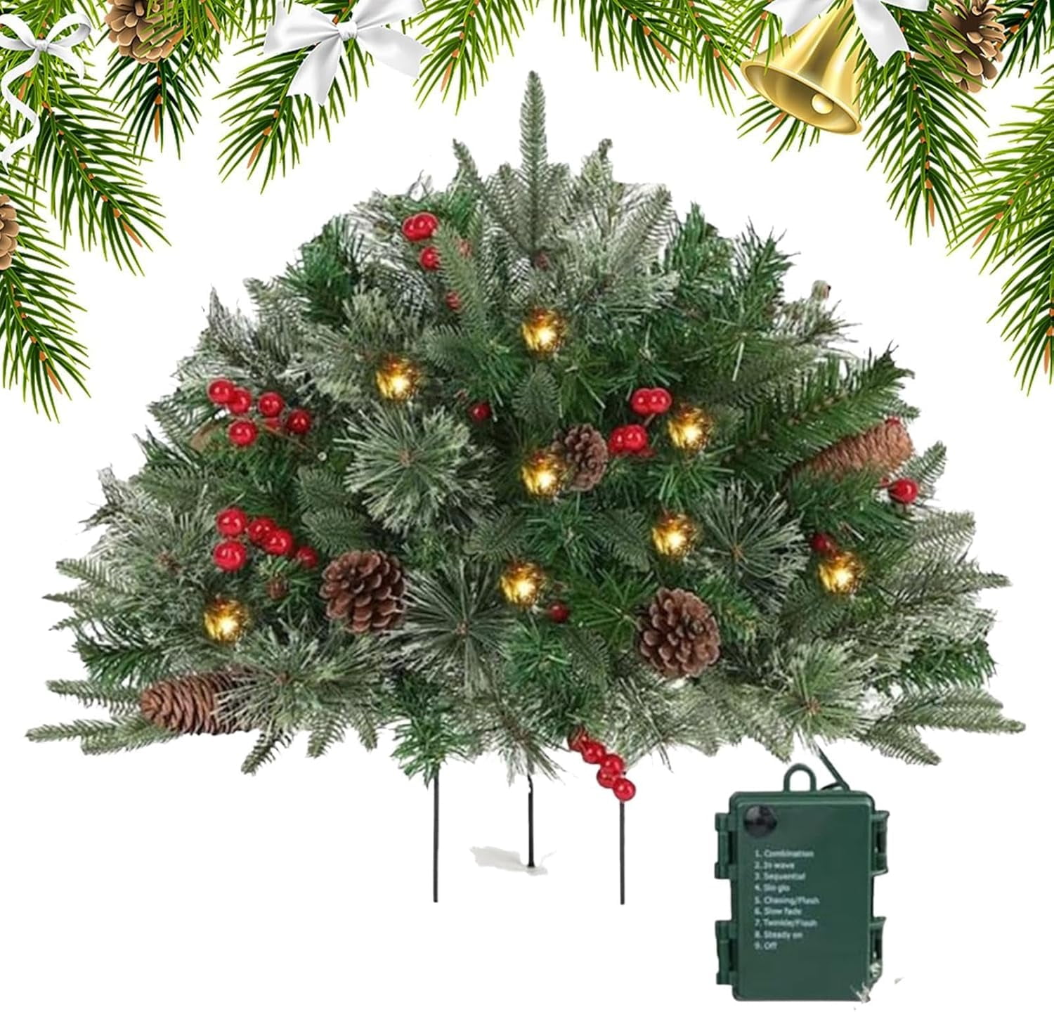 Lighted Artificial Xm-as Pine Trees, 16in Christmas Tree Urn Filler with Tripod Stake, Holiday ...