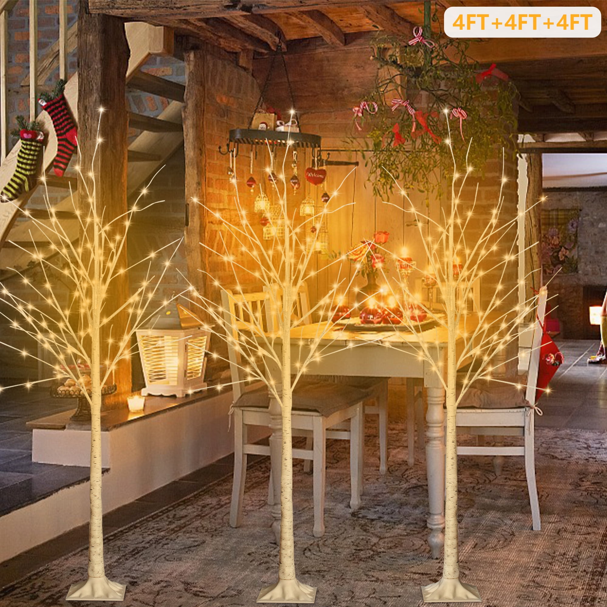 Lighted Birch Trees with LED Fairy Lights, 4ft Christmas Trees Set of 3 ...