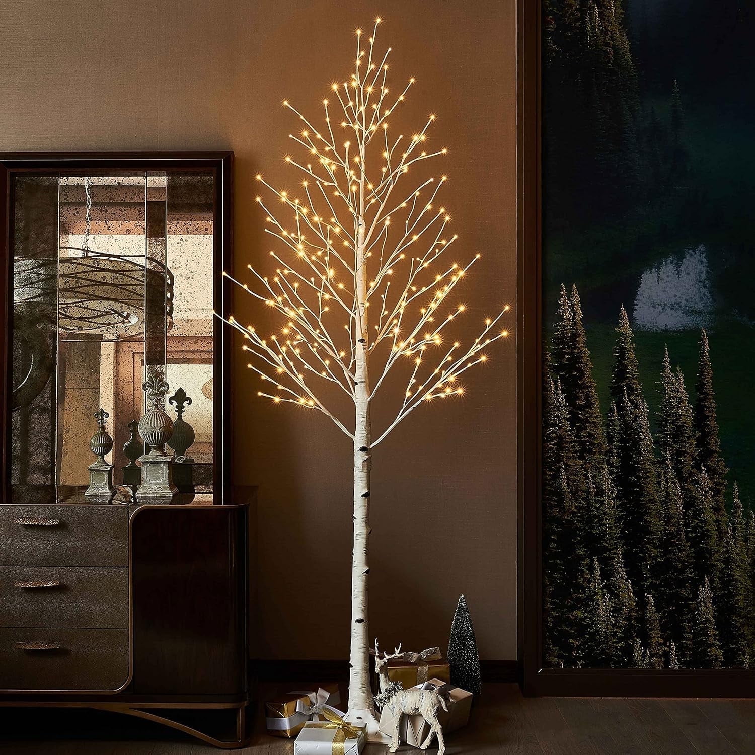 Lighted Birch Twig Tree 6FT 96 Warm White LED, White Tree with Lights ...