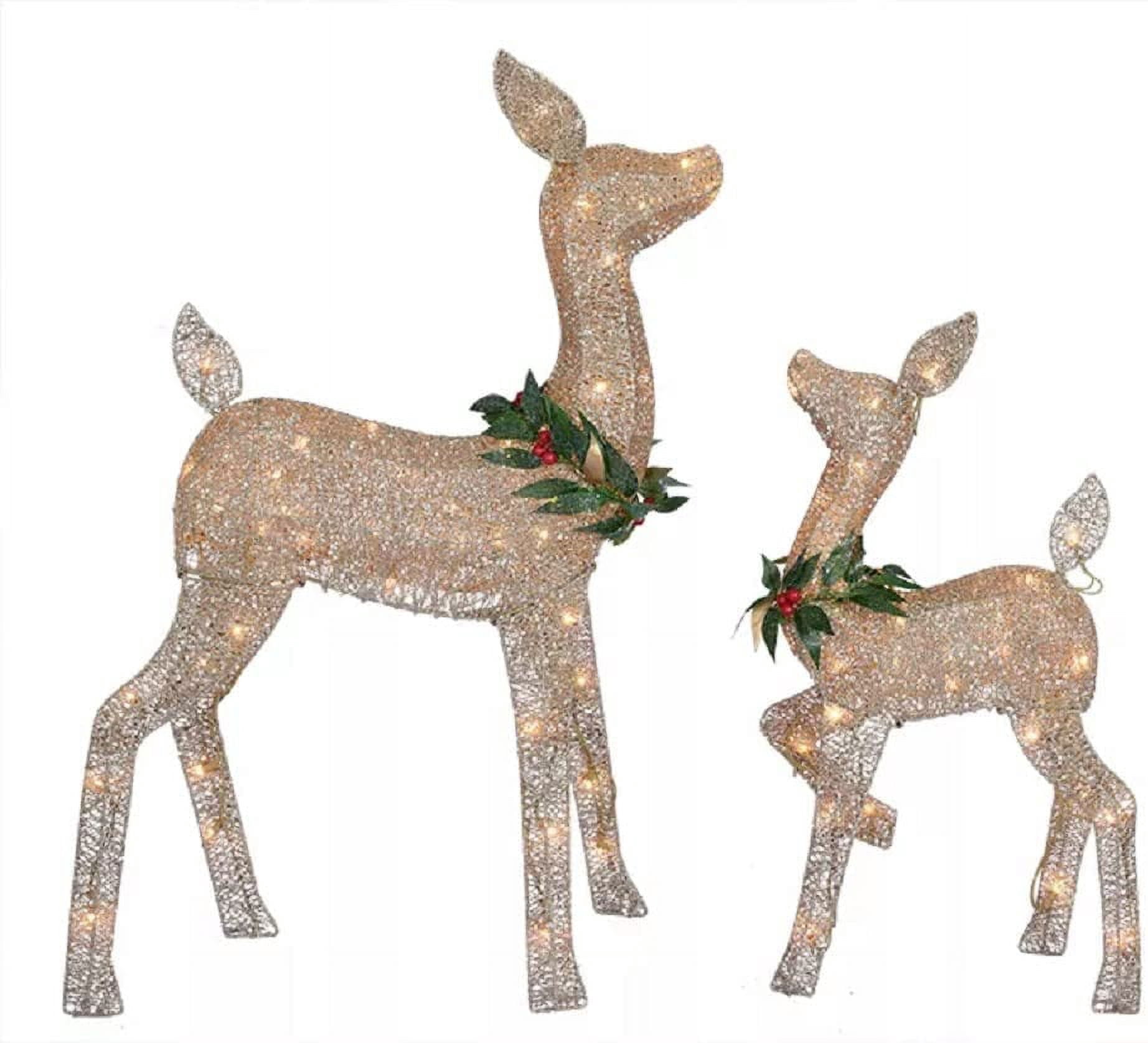 Lighted Brown Glittering Doe & Fawn with Wreath, Sculpture Outdoor ...