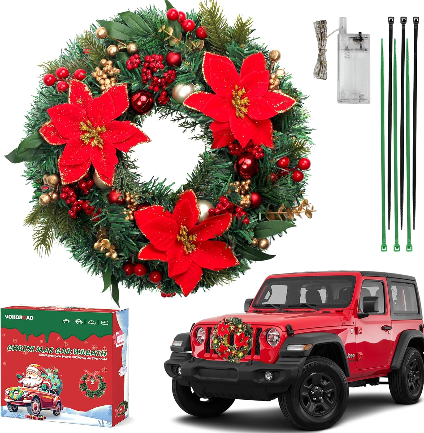 Lighted Christmas Car Wreath, 13" Artificial LED Car Wreath with ...