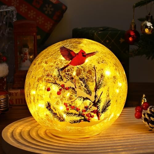 Lighted Christmas Decorations Indoor, 5.9" Cardinal Bird Crackle Glass ...