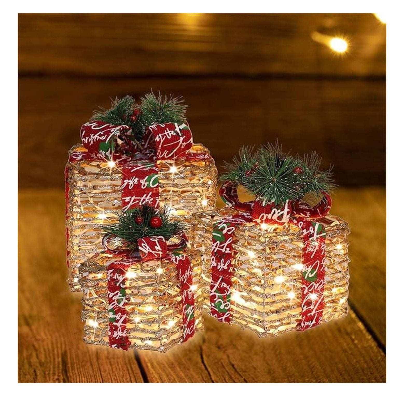 Lighted Christmas Gift Boxes, 3pc Rattan Holiday Decorations - 70 LED ...