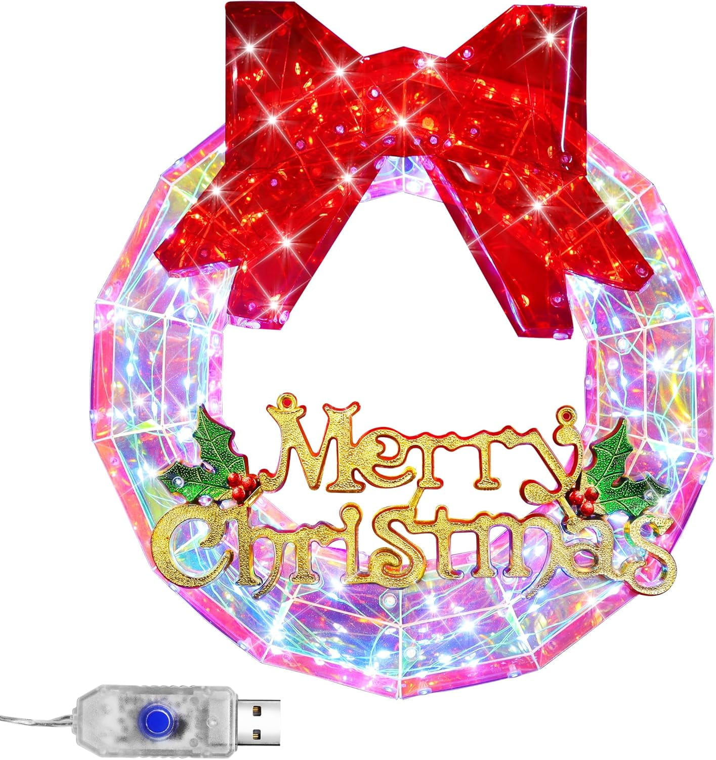 Lighted Christmas Iridescent Wreath, 150 LED 12in Pre-Lit Wreath with 8 ...