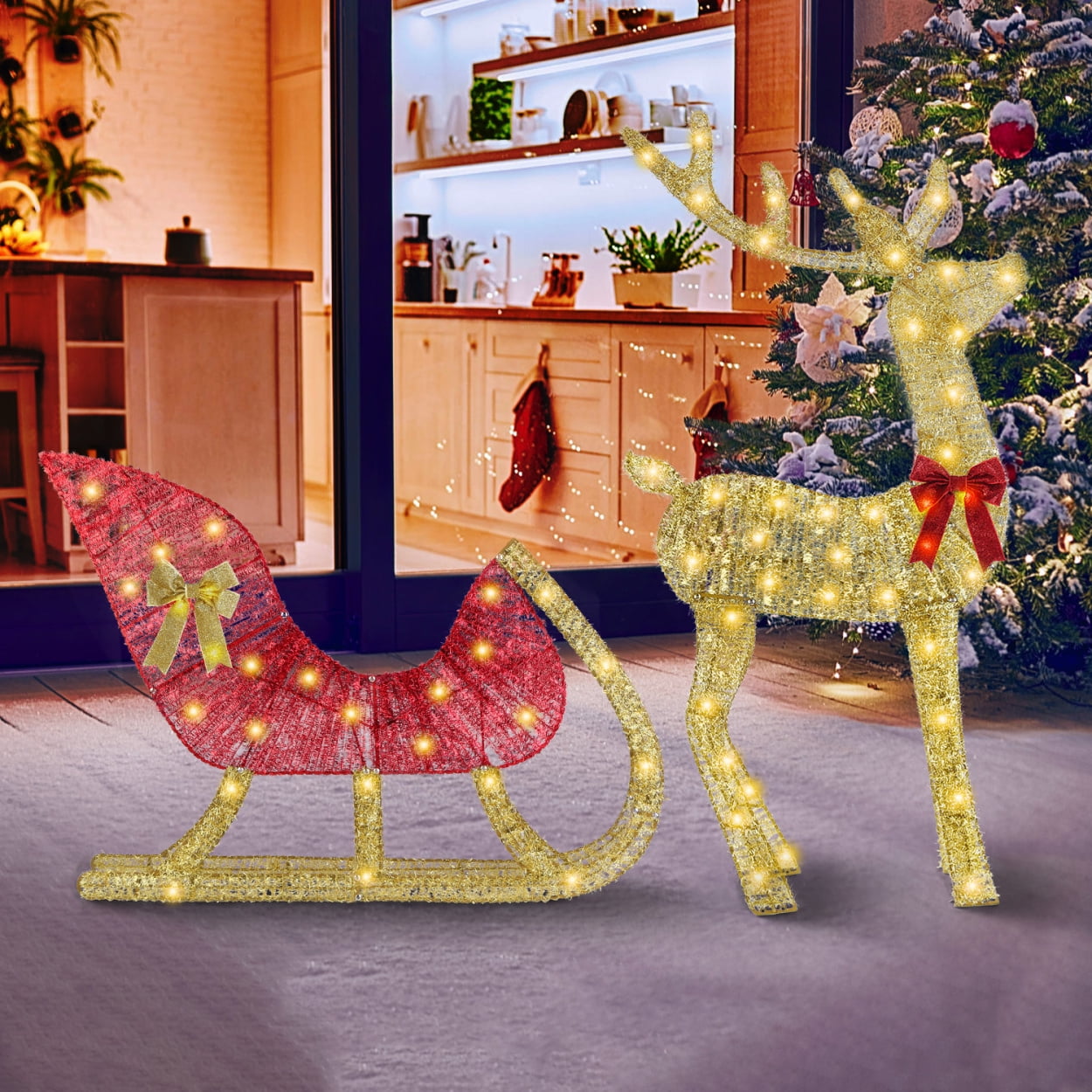Lighted Christmas Reindeer & Santa Sleigh Set, Light-up Outdoor Xmas ...