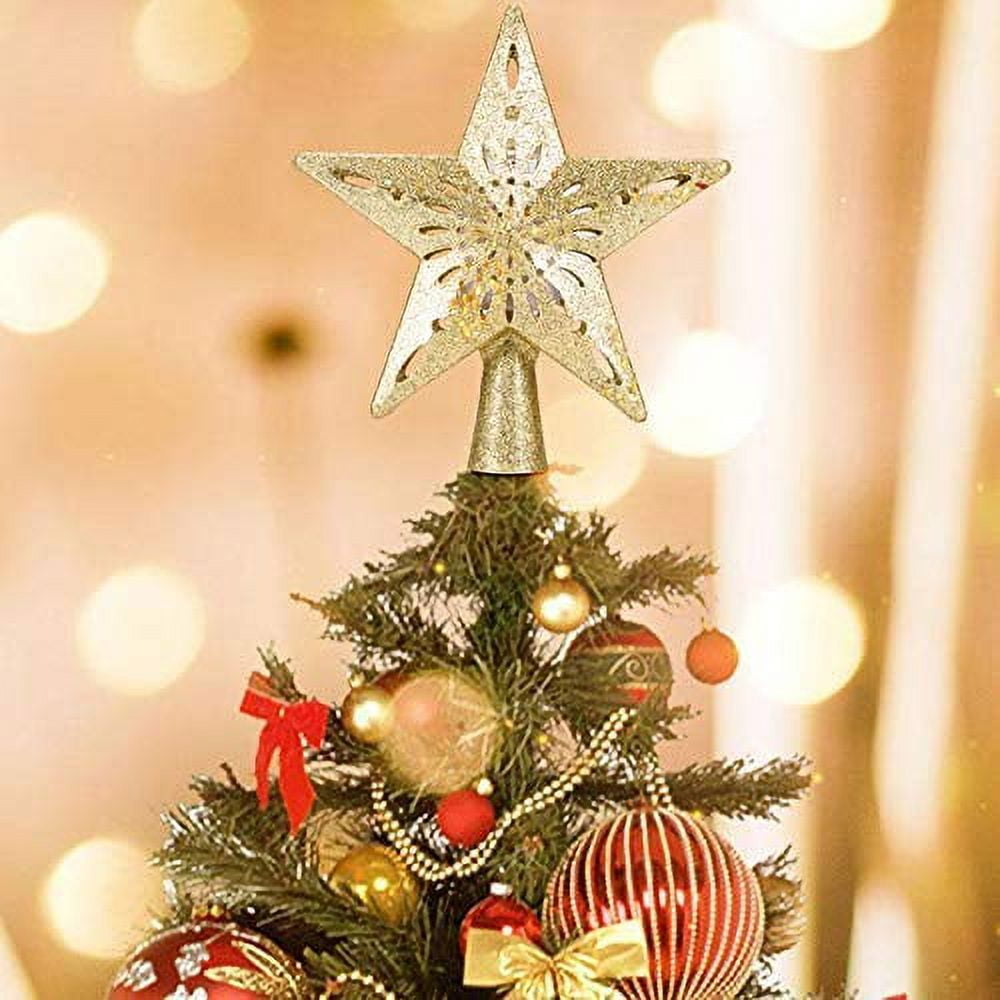 Lighted Christmas Tree Toppers with Snowflake Projector, Gold Glittered ...