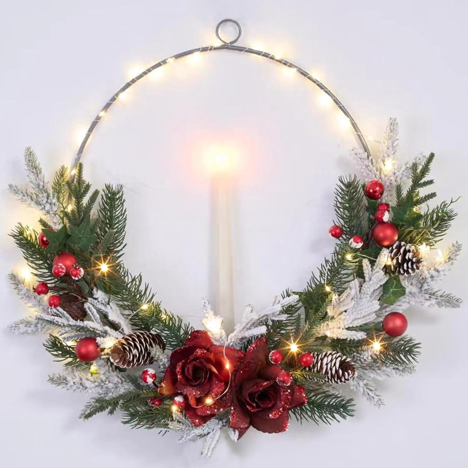 Lighted Christmas Wreath for Front Door with 20 LED Lights,22inch ...