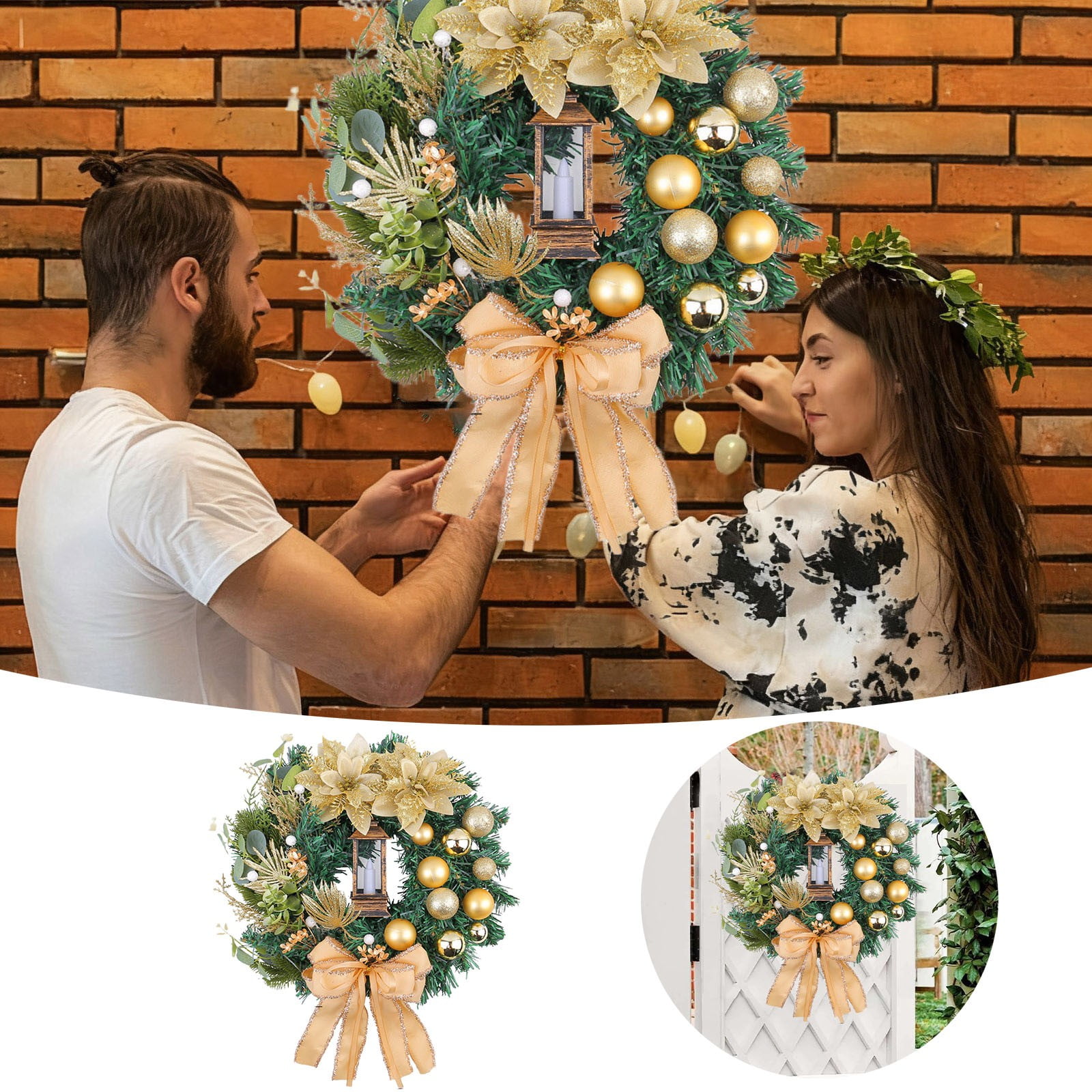 Lighted Christmas Wreath with LED Oil Lamp, Battery Operated Artificial ...