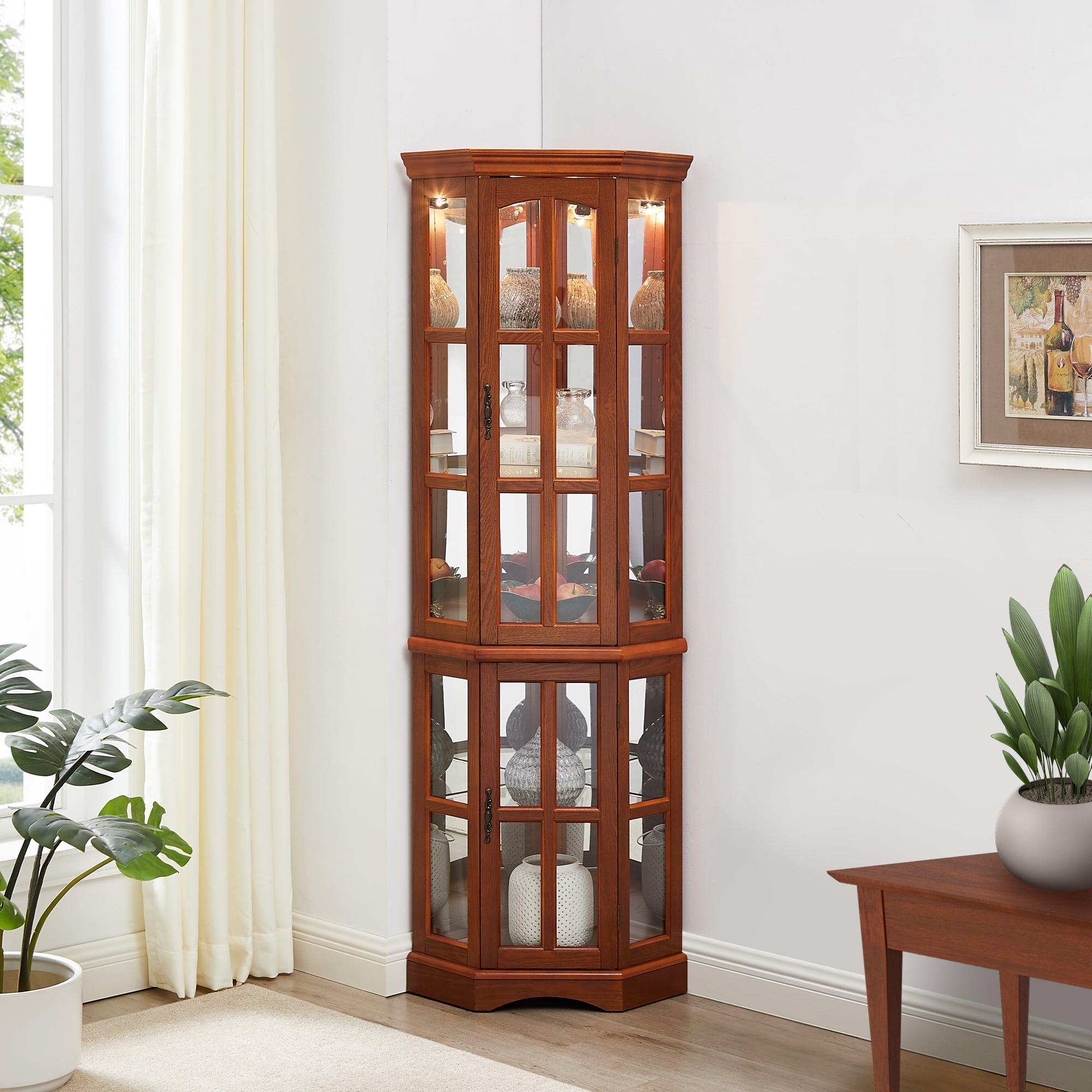 Lighted Corner Curio Cabinet w/5 Shelves & Glass Doors, Vintage Wood ...