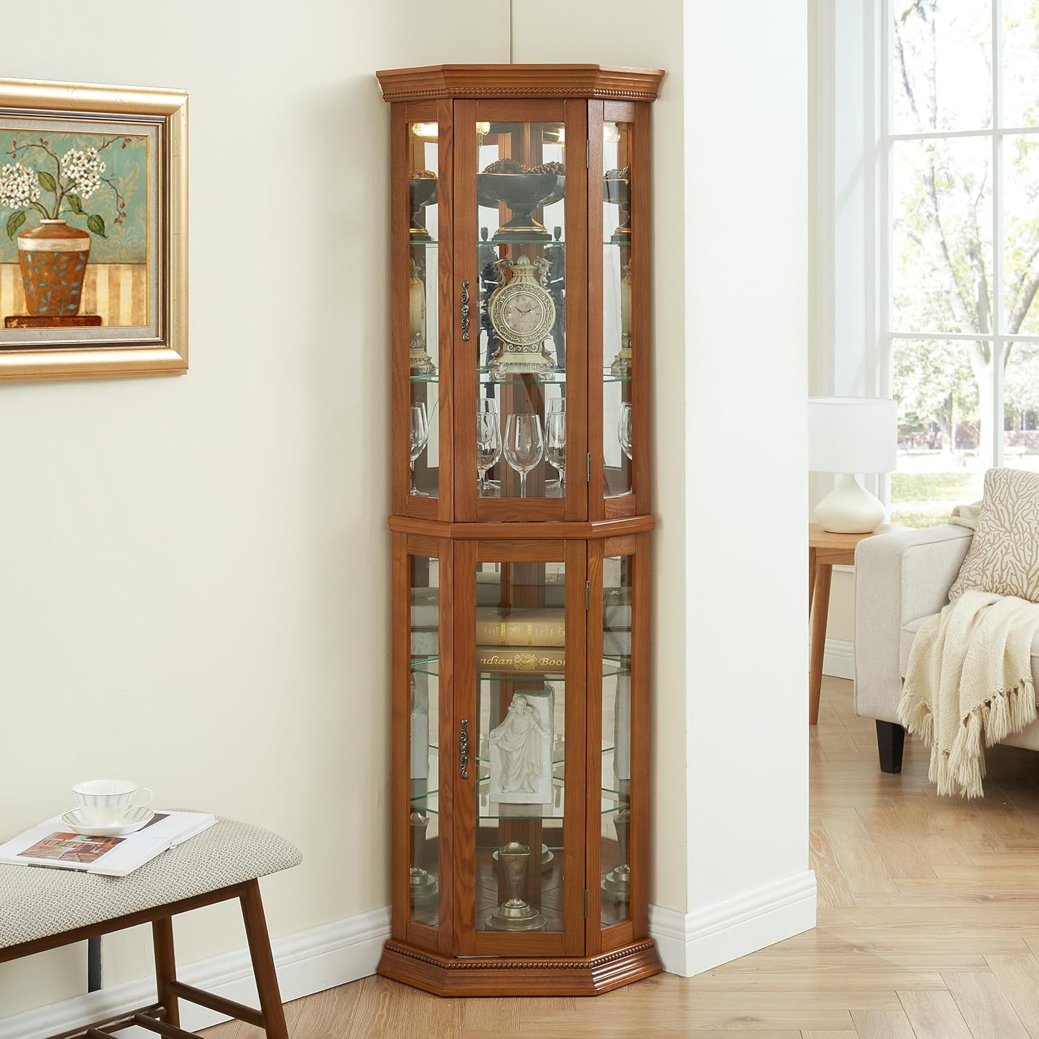 Lighted Corner Display Curio Cabinet, Curved Wood Corner Cabinet with ...