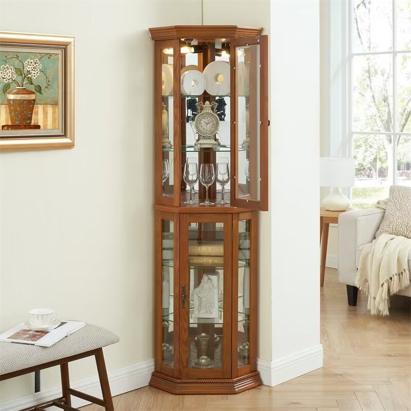 Lighted Corner Display Curio Cabinet, Wooden Curved Shelving Unit with ...