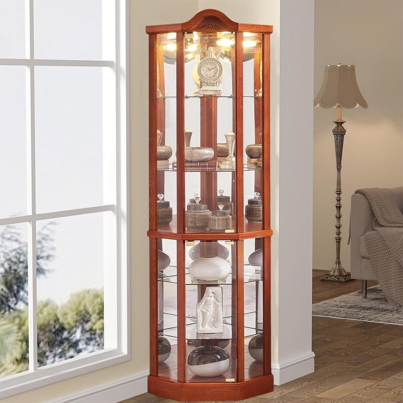 Lighted Corner Display Curio Cabinet Wooden Curved Shelving Unit with ...