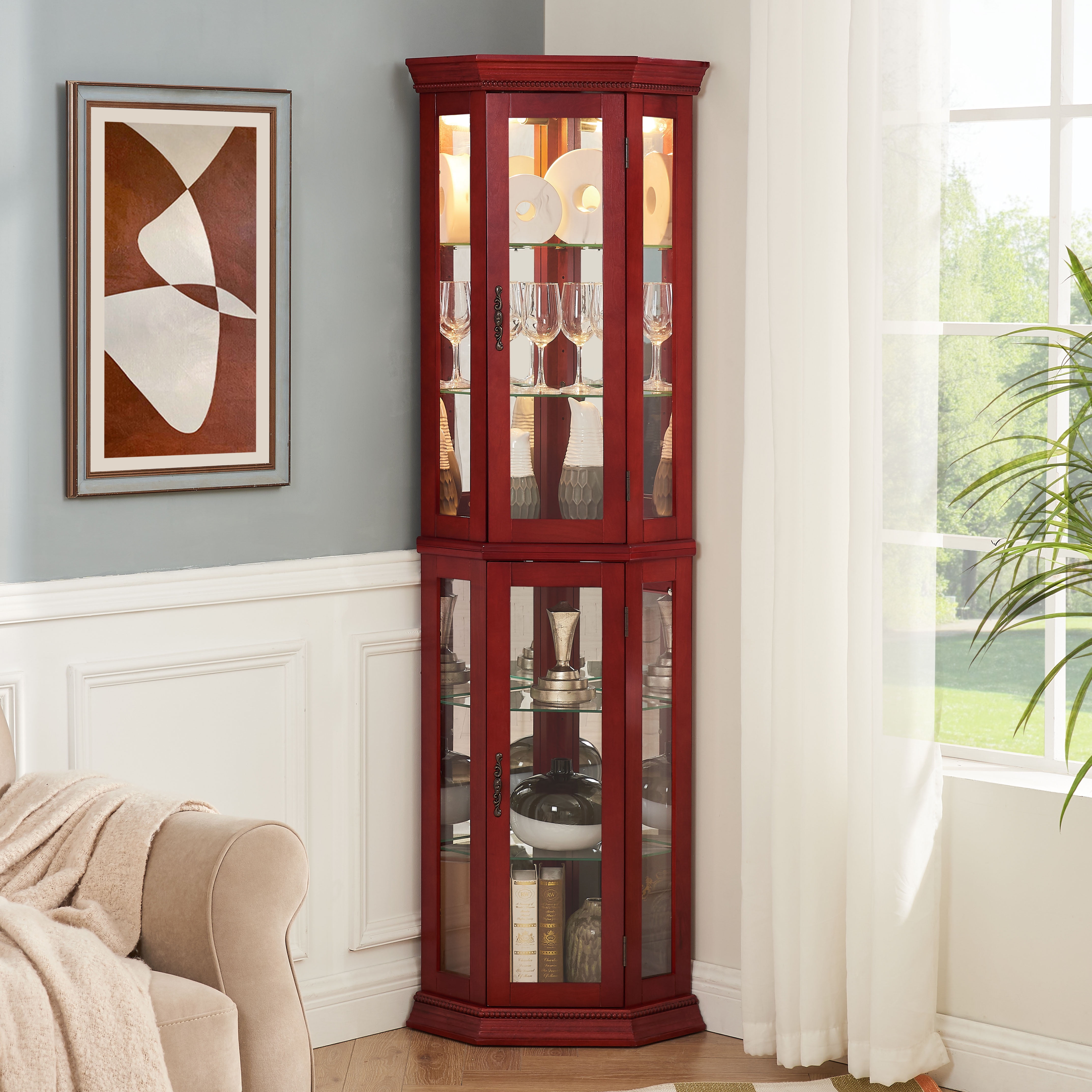 Lighted Corner Display Curio Cabinet Wooden Shelving Unit with Tempered ...