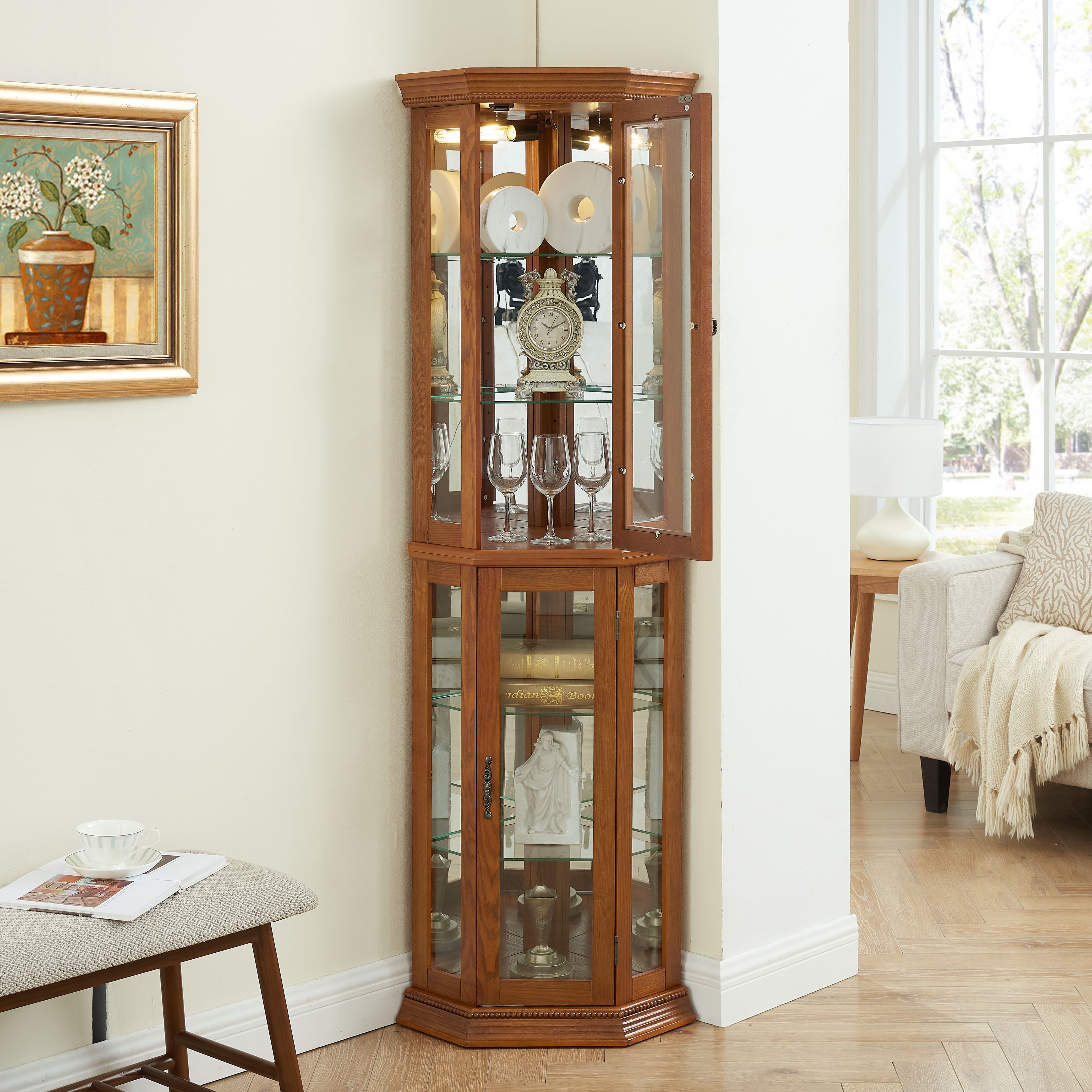Lighted Corner Display Curio Cabinet Wooden Shelving Unit with Tempered ...