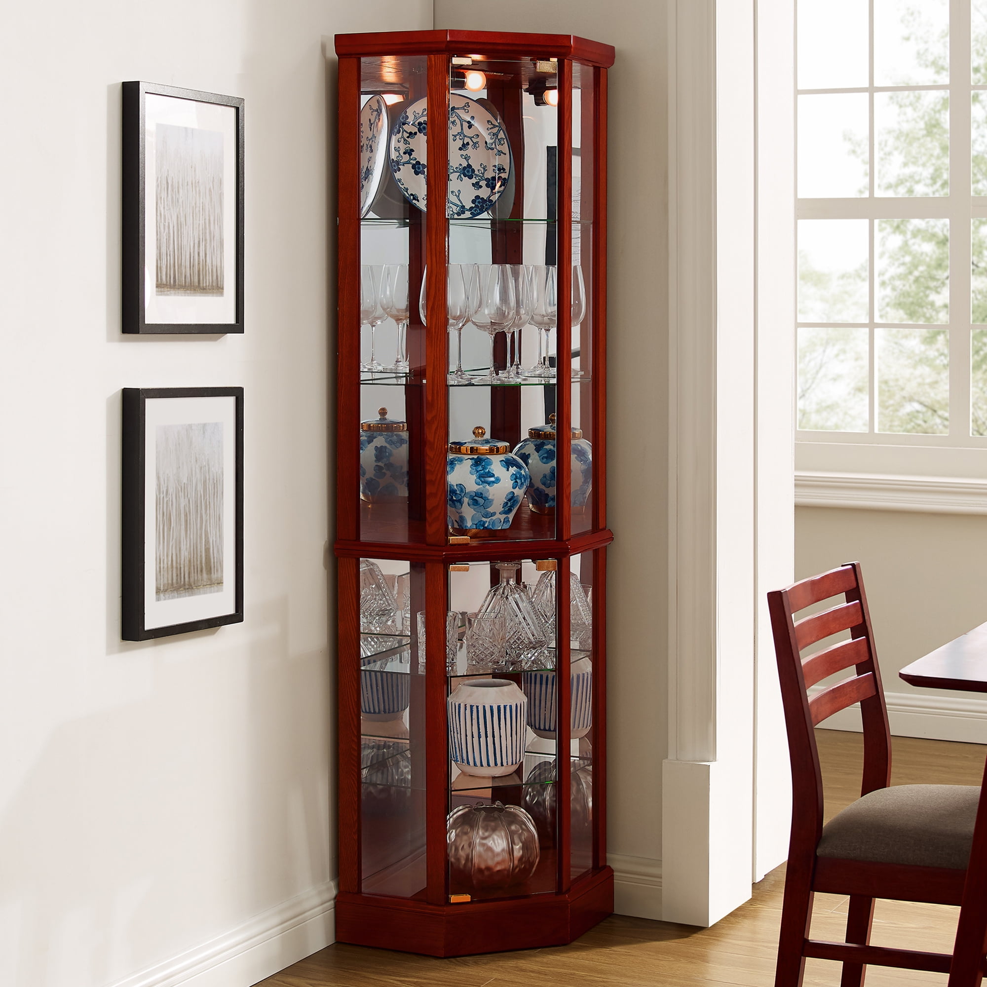 Lighted Corner Display Curio Cabinet with Tempered Glass Door, Wooden ...