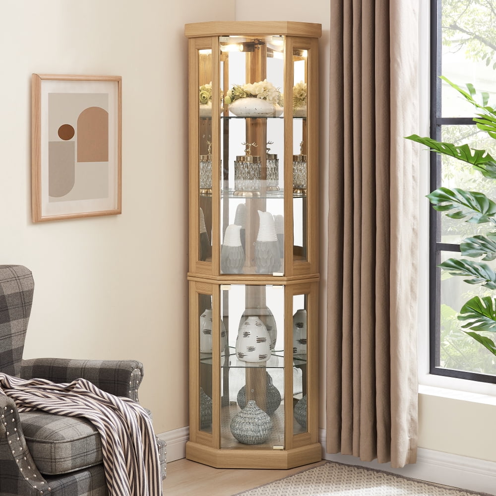 Lighted Corner Glass Cabinet Curio Display Case for Living Room Antique ...