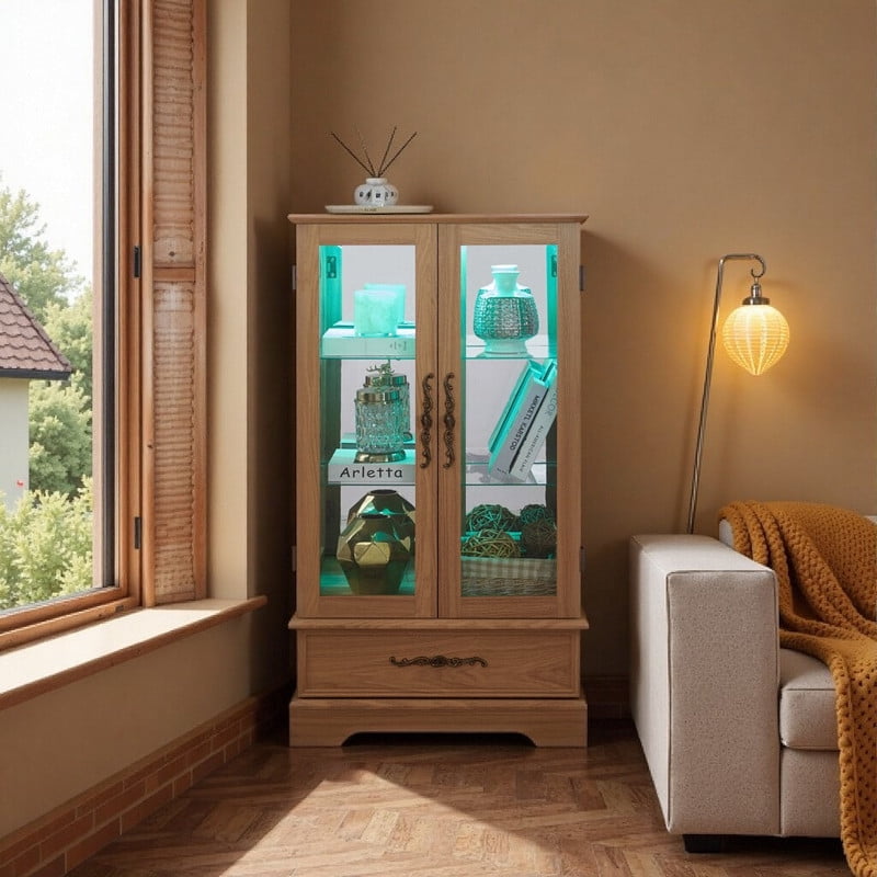 Lighted Curio Display Cabinet with Adjustable Shelves, 2-Door Glass ...