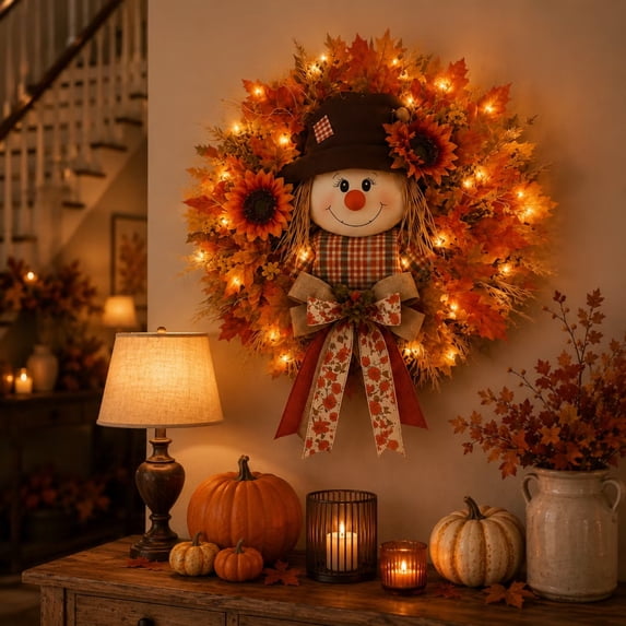Lighted Fall Wreaths for Front Door Fall Decor, Farmhouse Scarecrow ...
