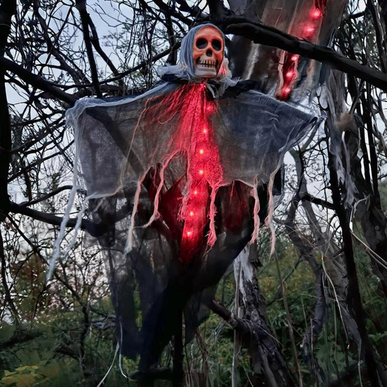 Lighted Ghost Skull with Flying Skeleton, Realistic Hanging Floating ...
