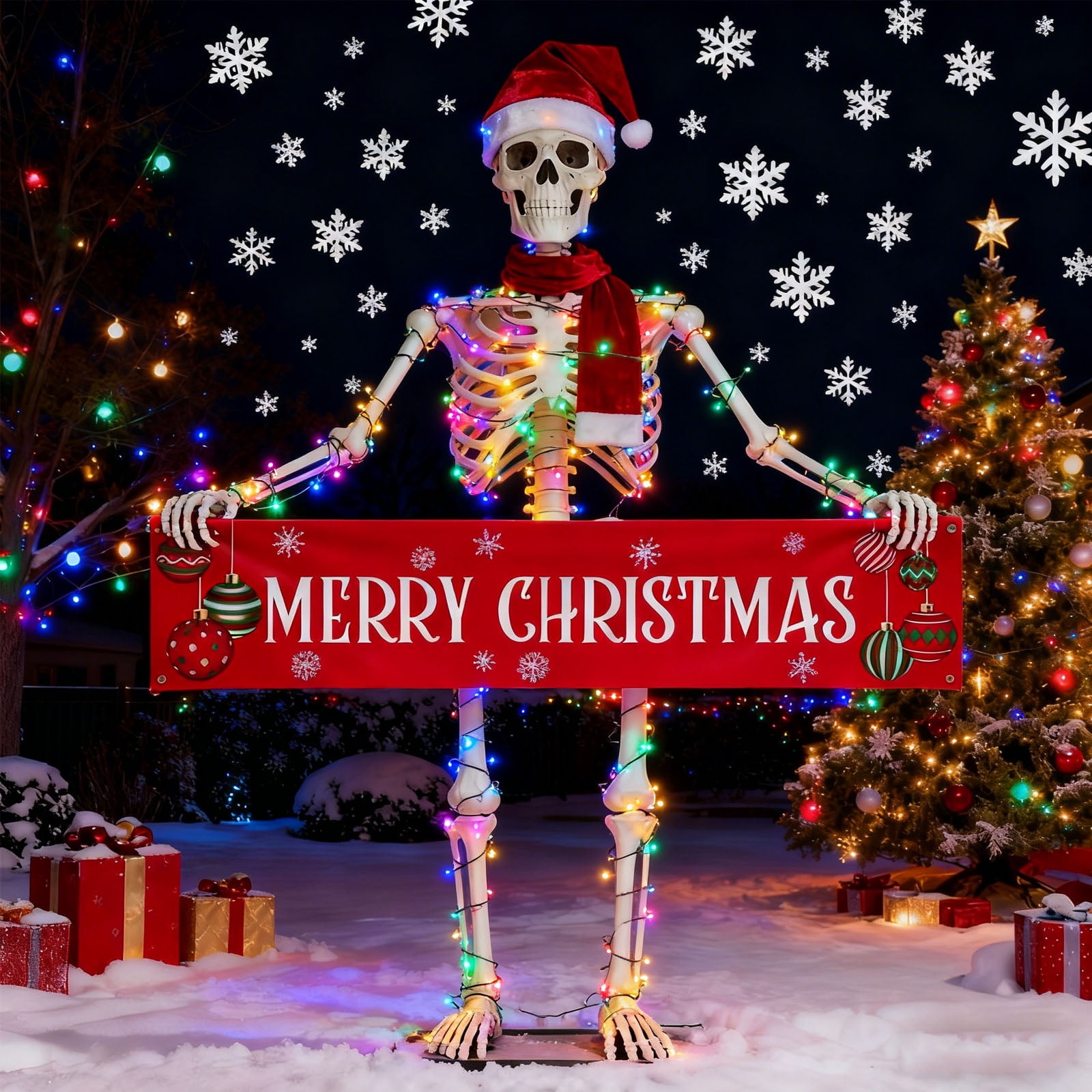 Lighted Up Giant Skeleton Christmas Decor with Merry Christmas Banner ...